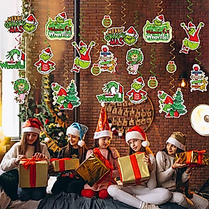 36 Pcs Whoville Christmas Decorations Hanging Swirls,NO-DIY Whoville Decorations Green Monster Christmas Decorations, Welcome to Whoville Hanging Decorations for Green Monster Party Decorations