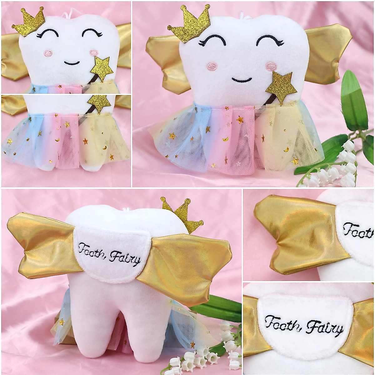 Xunboo Cute Tooth Fairy Pillow with Wings and Colorful Skirt Tooth Fairy Doll with Pocket on Back Toothfairy Keepsake Gift for Girl and Boys