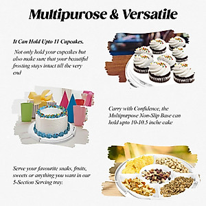 Plastihut Cake Carrier With Lid and Handle – All In 1 Multipurpose Cake Storage Container Fits 6" Cake, 11 Cupcakes & A Cake Plate Serves as 5 Section Serving Tray for Snacks & Fruit - White