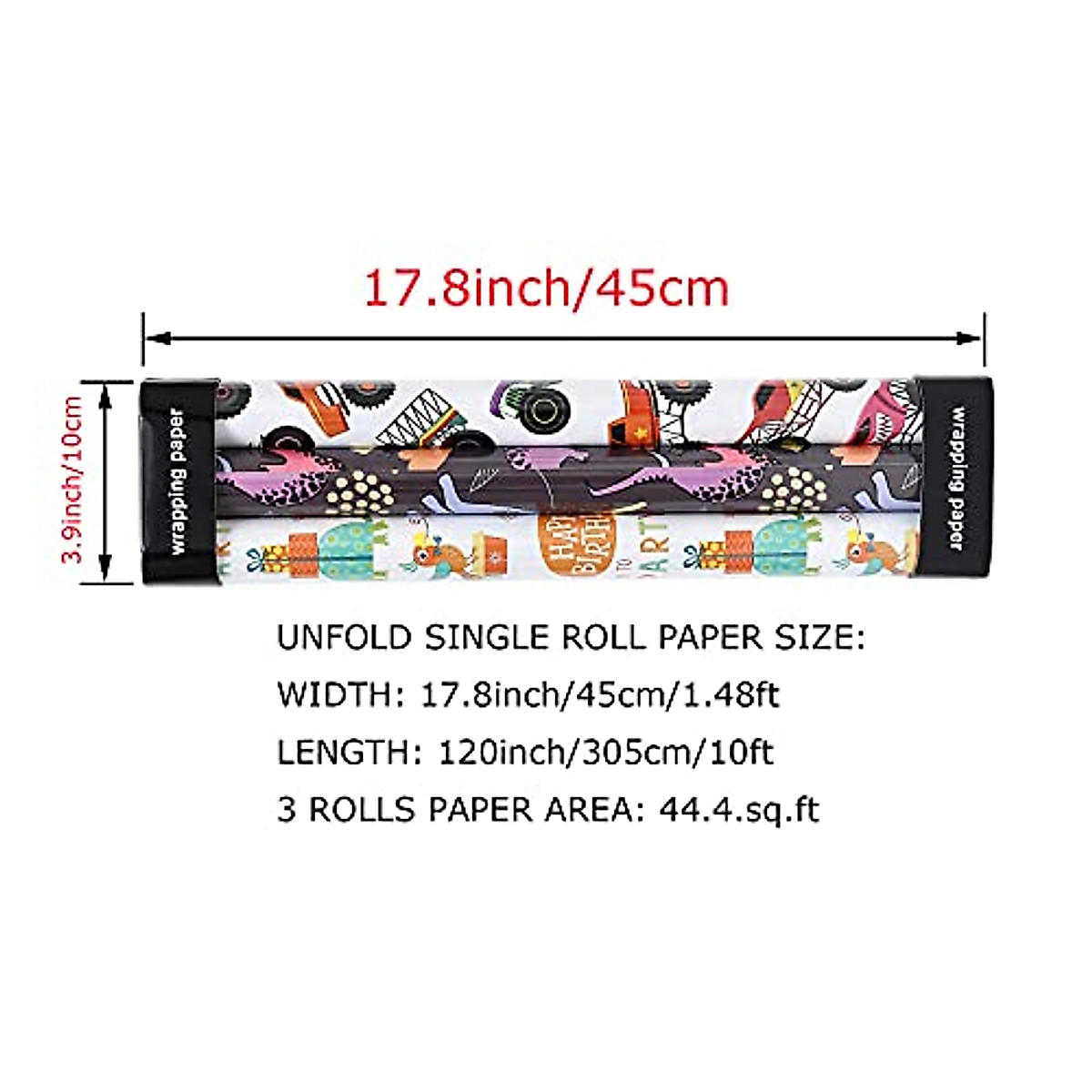 U'COVER Birthday Gift Wrapping Paper for Boys Kids Girls Baby Shower Wrapping Paper Roll 3 Styles Cartoon Dinosaur Monster Car for Holiday Anniversary