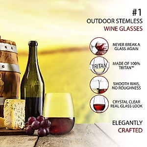 Bravario Unbreakable Stemless Plastic Wine Glasses | Reusable | Shatterproof 100% Tritan Plastic | Dishwasher-Safe | BPA-free | Awesome for Indoor & Outdoor | 16 oz, Set of 8