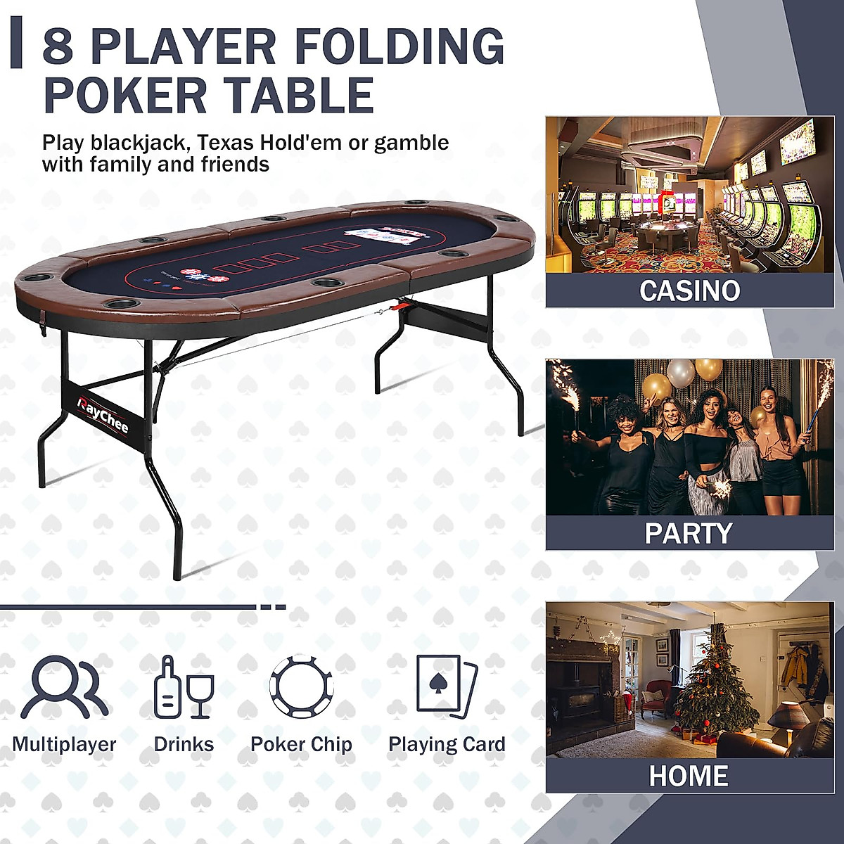 RayChee Foldable Poker Table, 8 Player Texas Holdem Table, Folding Leisure Game Table, Portable Casino Table for Game Room with Padded Rails and Cup Holders (Brown, 71 inch)