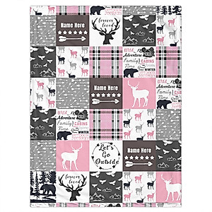 Pink Woodland Deer Personalized Baby Blanket with Name, Custom Deer and Bear Swadding Blankets for Baby Girls Kids, Woodland Nursery Decor, Adventure Soft Receiving Blankets for Newborn Infant