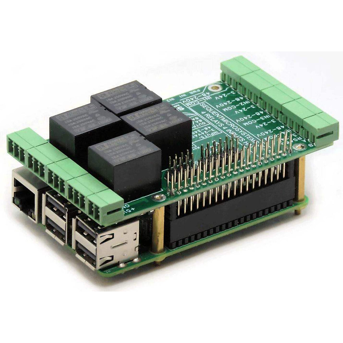 Sequent Microsystems Four Relays Four HV Inputs 8-Layer Stackable HAT for Raspberry Pi +5V