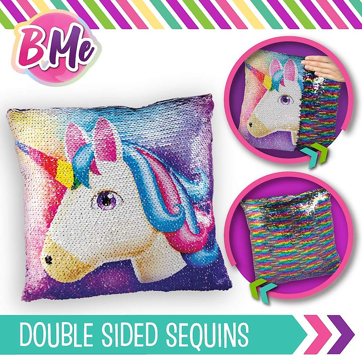 B Me Sequin Unicorn Pillow for Girls - Reversible Double Sided Rainbow Doodle Sequined Pillows - Bedroom Decor Art - Creative Magic Glitter Pillow with 8 Markers