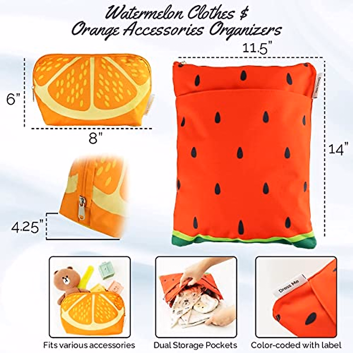 Bundle & Bliss Fruit Diaper Bag Organizing Pouches. Cloth Diaper Bag Organizer Pouches with Zipper. 4pc Set Travel Pouch Bags Packing Cubes. Wet Bag, Diaper Clutch Baby Wipe Holder etc.