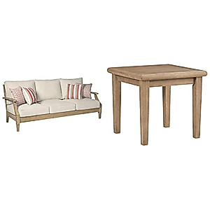 Signature Design by Ashley Clare View Coastal Outdoor Patio Eucalyptus Sofa with Cushions, Beige & Gerianne Outdoor Eucalyptus Patio End Table, Light Brown