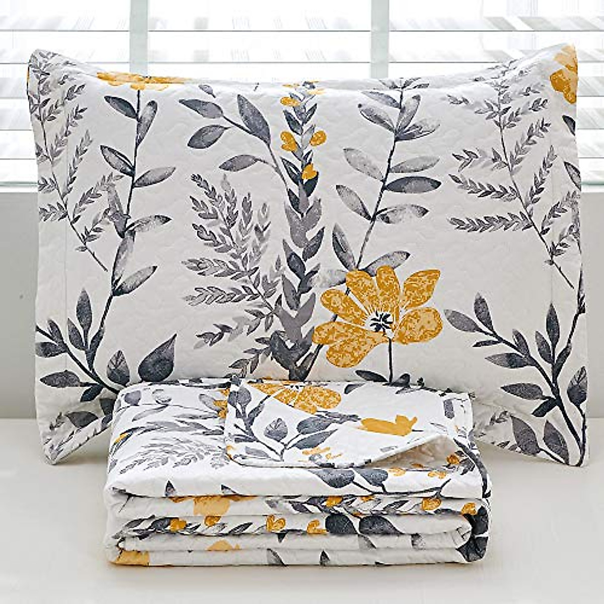Bedspread Coverlet Set King Size Floral Quilts Set Bedding Lightweight Floral Quilt Collection Home Reversible Quilt Bedspread Sping Leaves Yellow Flower Quilt Bedding Garden Bedspread+2 Pillow Shams