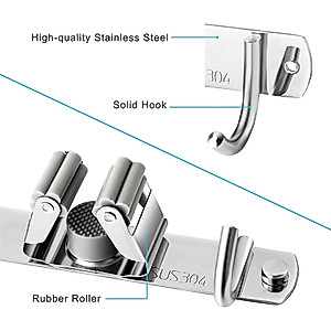 YYTONG Broom and Mop Holder, Wall Mounted Broom Holder, Stainless Steel Mop Holder, Self Adhesive Heavy Duty Hooks Storage Organizer for Laundry Room Garden Garage Closet Kitchen (3 Racks 4 Hooks)