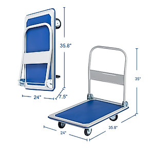 Fadidio Dolly Cart Platform Truck 660lbs Folding Foldable Push Cart Dolly Flatbed Dolly Metal with Wheels Hand Trucks Platform Truck Luggage Cart Heavy Duty Rolling Tool Cart, Blue Best Dolly Cart