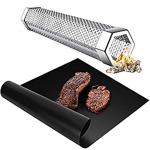 YiiMO Smoke Tube for Pellets, 12'' Pellet Smoker, plus Fiberglass BBQ Grill Mat Heat Resistant