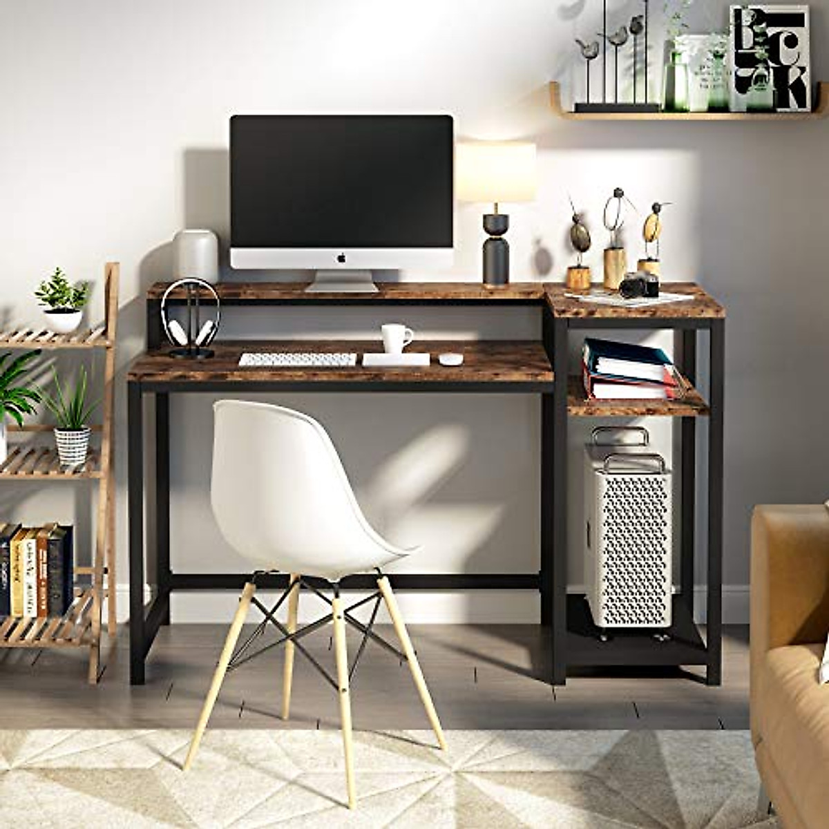 Tribesigns Computer Desk with Storage Shelves & Monitor Stand, PC Study Writing Desk, Industrial, Wood and Steel Frame, Workstations for Home Office