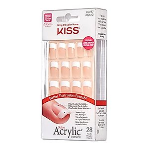 KISS Salon Acrylic French Nail Manicure Set, Medium Length, Squoval, “ Rumour Mill”, Nail Kit Includes Pink Gel Nail Glue (Net Wt. 2 g / 0.07oz.), Mini File, Manicure Stick, and 28 Fake Nails