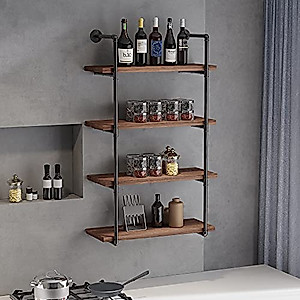 HOMCOM 4-Tier Industrial Pipe Shelves Floating Wall Mounted Bookshelf, Metal Frame Display Rack, 1.25" Thickness Shelving Unit for Farmhouse, Kitchen, Bar, Rustic Brown