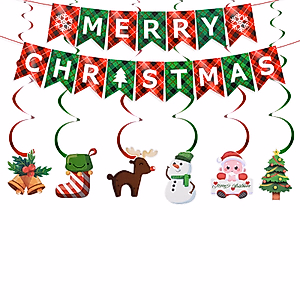 cobee Merry Christmas Banner, Xmas Signs Hanging Banner, Plaid Red Green Christmas Banner with Christmas Tree Santa Elk and Sock Snowman Spiral Strip Ornaments for Home Wall Fireplace Party Supplies