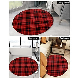 Christmas Fluffy Round Area Rug Carpets 3.3ft, Plush Shaggy Carpet Soft Circular Rugs, Non-Slip Fuzzy Accent Floor Mat for Living Room Bedroom Nursery Home Decor Buffalo Plaid Red Black Lattice