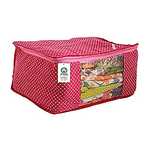JaipurCrafts Quilted Polka Dots Cotton Saree Cover Set/Saree Storage Bag, Pink (40 x 30 x 20 cm)-Pack of 2