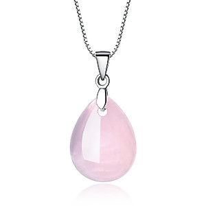 COAI 925 Sterling Silver Teardrop Stone Pendant Necklace (Rose Quartz)