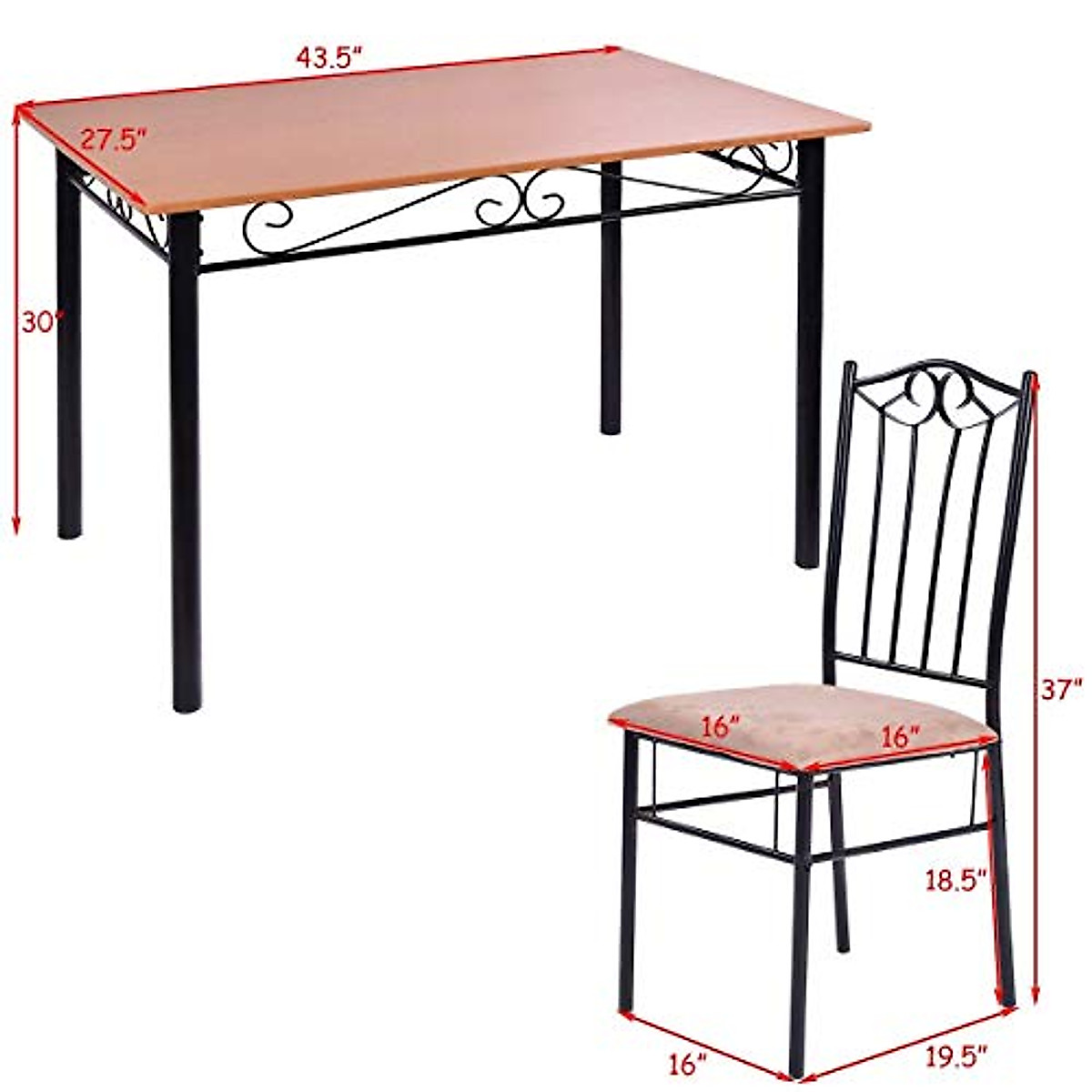 Casart 5 PCS Dining Table Set Vintage with Wood Top,Steel Frame and Padded Seat Dining Table and Chair Set for Kitchen, Dining Room, Restaurant Home Dining Furniture Set