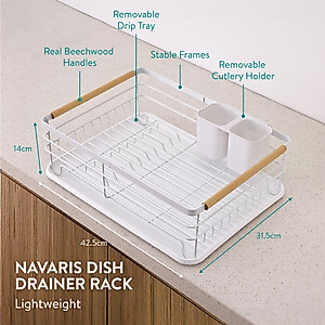Navaris Dish Drainer Rack - Plate, Silverware, Pots and Pans Drying Rack for Kitchen with Beechwood Handles - Modern Retro Design Drip Tray - White