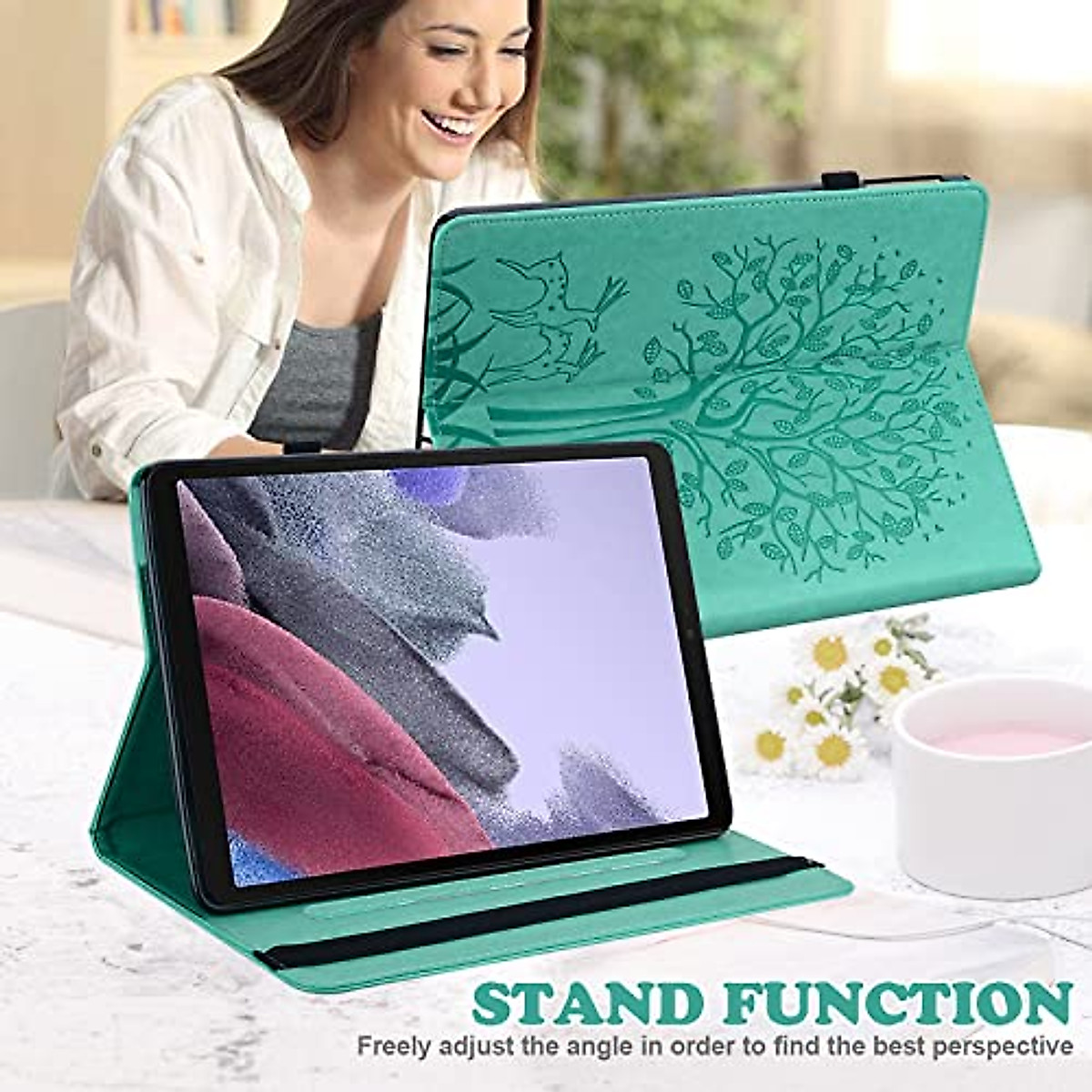VODEFOX Case Fits Amazon Kindle Fire 7 Tablet (2022 Release-12th Gen) Latest Model 7",PU Leather Folio Stand Embossed Deer&Tree Cover with Elastic Band Stylus Slim Fit Protective Cover - Green