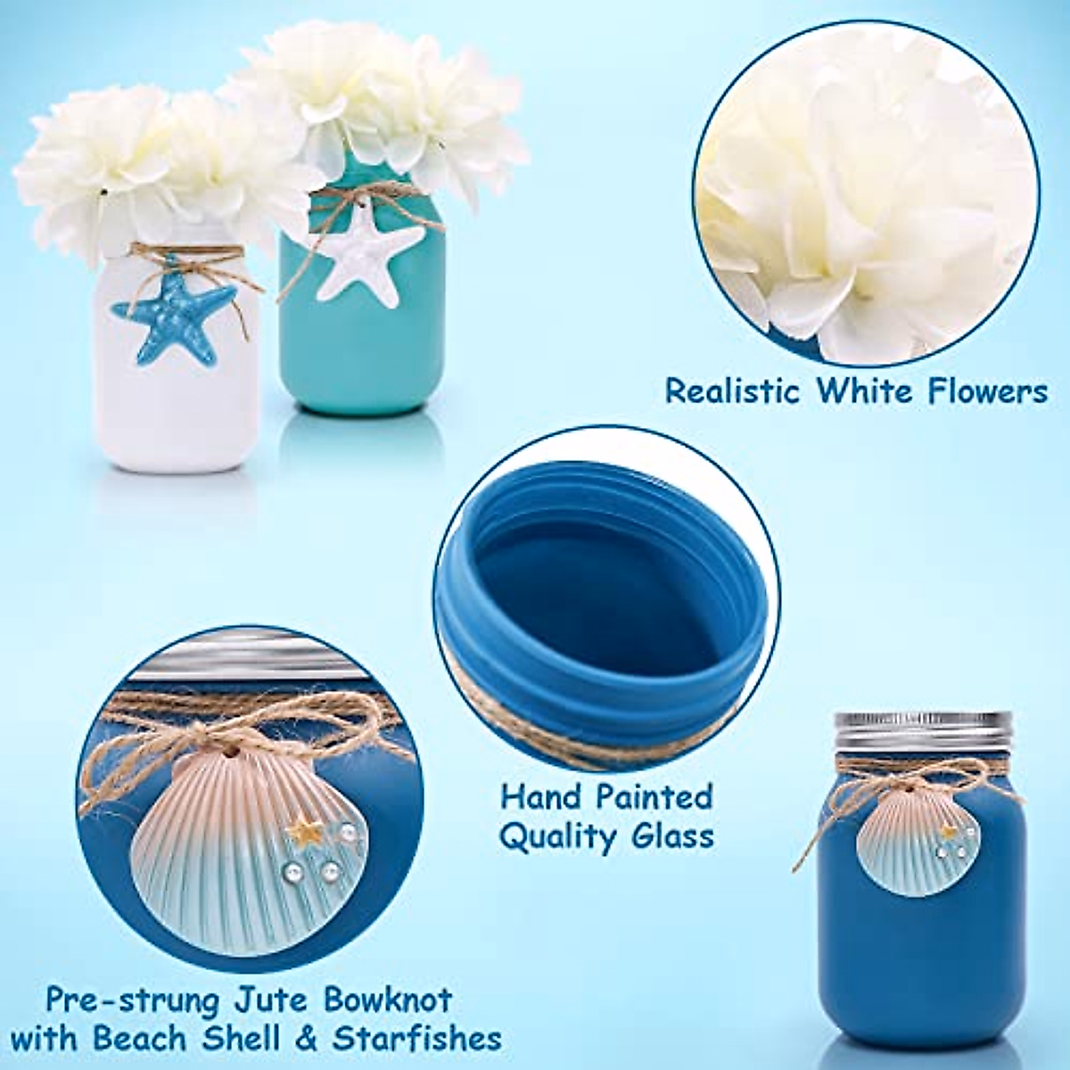 Beach Mason Jar Decor Coastal Table Centerpiece with White Flowers Floral Arrangement Blue Shell Starfishes Slices Summer Sea Farmhouse Tiered Tray Wedding Décor Vases Home Hostess Gift Idea Set of 3