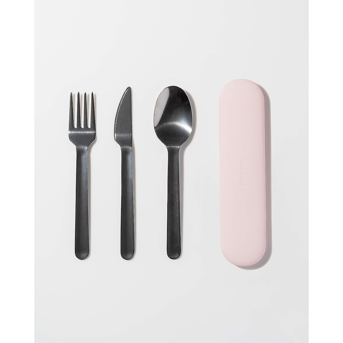 W&P Porter Stainless Steel Utensils with Silicone Carrying Case | Blush | Spoon, Fork & Knife for Meals on the Go | Portable and Compact Set