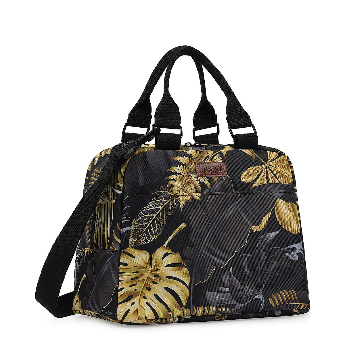 PBRO Insulated Lunch Bag for Women/Men,Reusable Lunch Tote with Adjustable Shoulder Belt,Cute Tropical Plant Leaves Portable Lunch Box Cooler Bag,Perfect for Travel Picnic,Office,Working -Gold