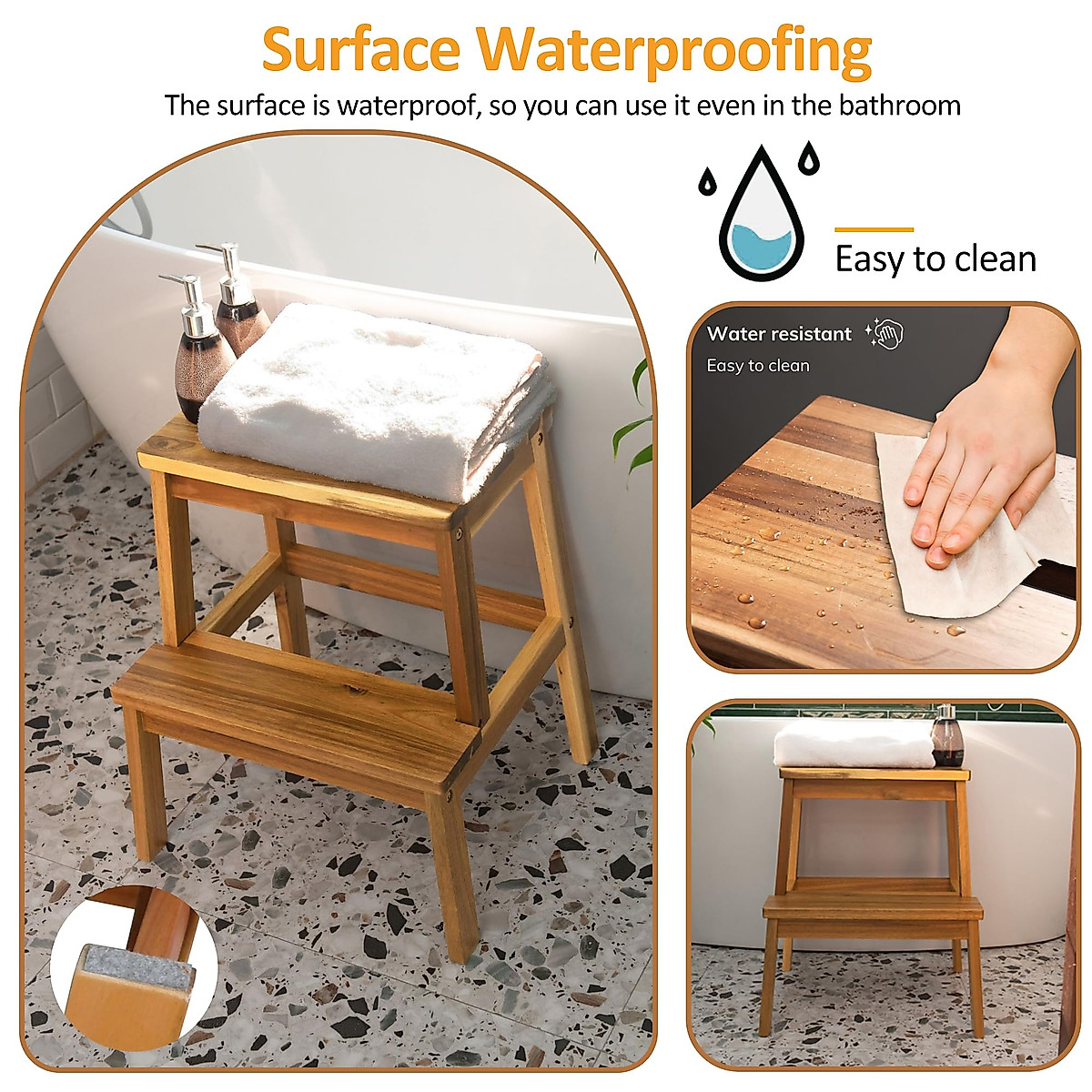 QKFF Step Stool for Adults and Kids, Acacia Wood 2-Step Stool with Anti-Slip Wider for Bedside, Kitchen Step Helper, Bathroom Bedroom Nightstand