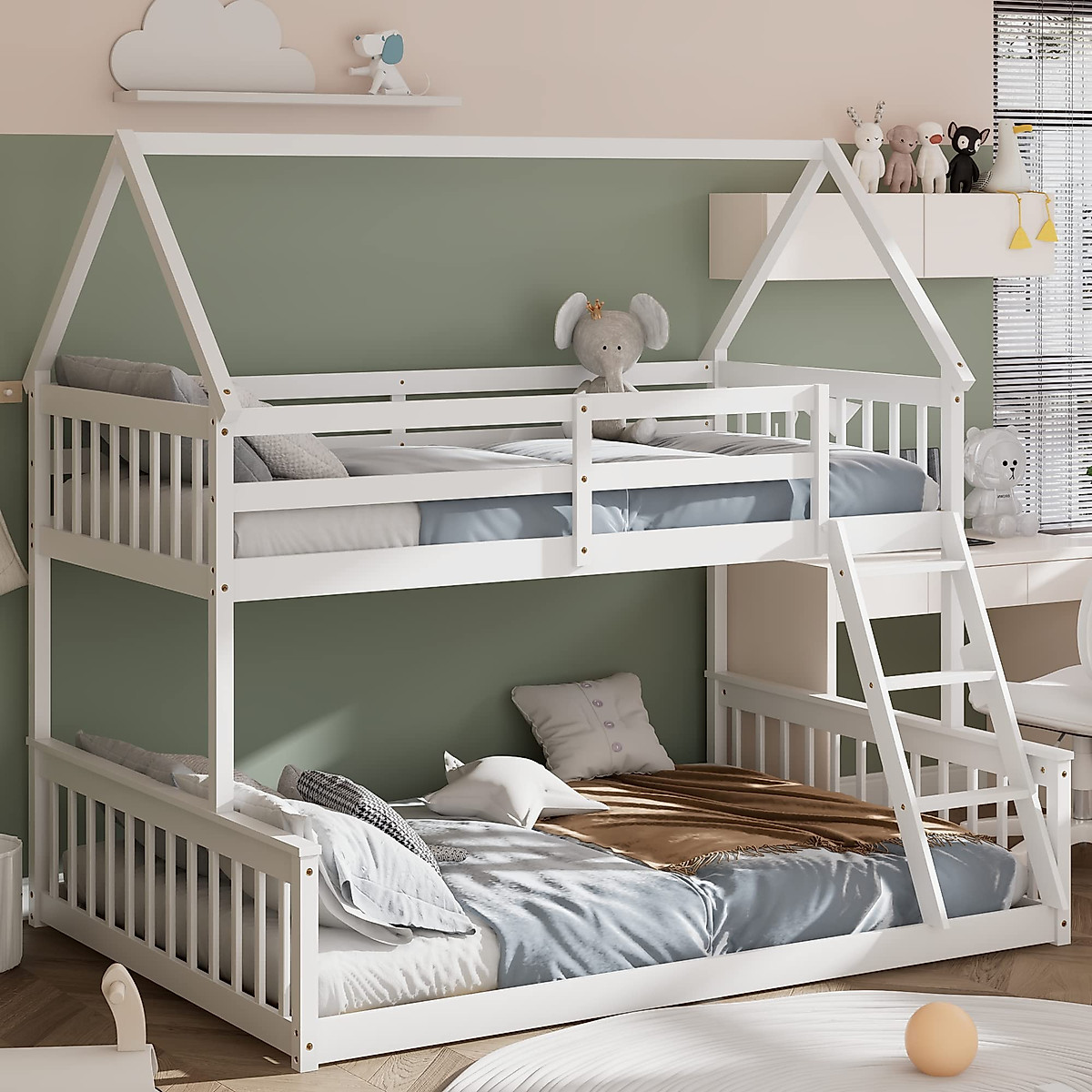 KOMFOTT Wood Twin Over Full House Bunk Bed with Built in Ladder, Solid Pine Wood Bunk Bed Frame with Safety Guardrails, House Bunk Bed Frame for Kids, Teens, Juniors, No Box Spring Needed (White)