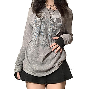 Women Goth T-Shirt Y2k Harajuku Graphic Tops Fairy Shirt for Women Long Sleeve Vintage Print Top Streetwear(A- Gray 1,S)