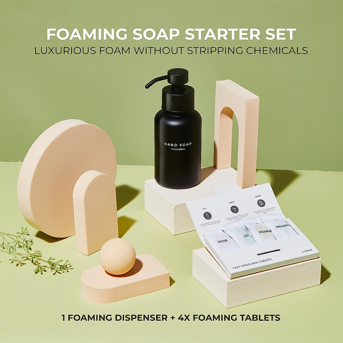 MaisoNovo Shampoo and Conditioner Dispenser with Wall Mounts - 3 Amber Plastic Bottles Black Pump - 4 Mixed Pack Foaming Hand Soap Refill Tablets