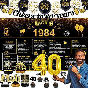 40th Birthday Decorations for Men Women,Vintage 40 years old birthday decorations with Birthday Banner Back in 1984 Backdrop Happy 40th Birthday Banner