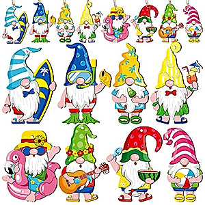 40 Pcs Summer Wooden Gnome Hanging Ornaments for Tree Hawaiian Wooden Gift Tags with String Summer Party Elf Wooden Decoration Summer Tree Hanging Ornaments Beach Party Supplies Luau Party Decorations