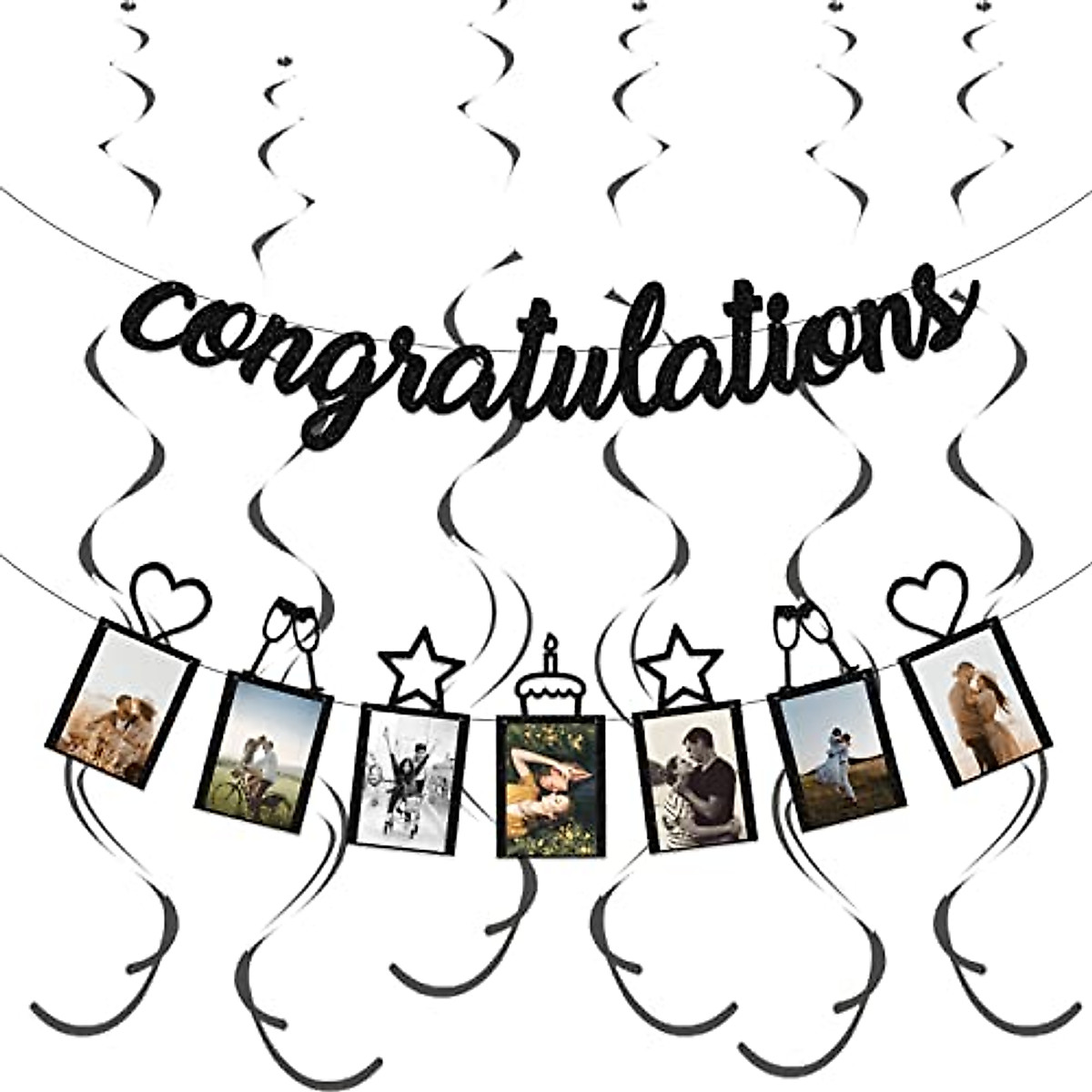 Concico Congratulations Banner and Hanging Swirls for Graduation,Congratulations,Engagement Party Decorations(Black Glitter)