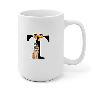 Halloween Initial Letter T Cat White Mugs Coffee Tea Cup Floral Alphabet Mug Mockup Ceramic Coffee Mug Mock Mugs from Daughter Wife And Son – Christmas Mug 15oz