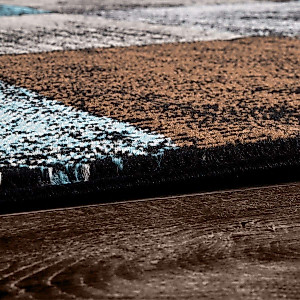 Modern Area Rug for Living Room Abstract in Brown Cream Blue Checkered, Size: 6'7" x 9'2"