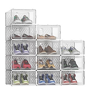 JOISCOPE 12 Pack Shoe Storage Boxes, Fit up to US Size 10, Clear PP Plastic Stackable Shoe Organizer for Closet, Space Saving Foldable Shoe Container Bins, for Entryway, White
