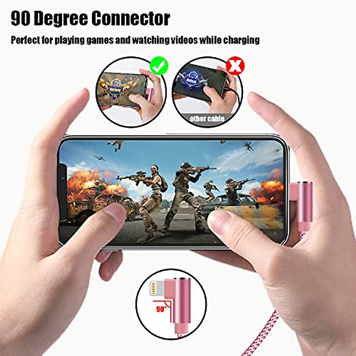 iPhone Charger 10 ft 90 Degree Lightning Cable 3 Pack MFi Certified Lightning Cable Nylon Braided Right Angle iPhone Charging Cable for iPhone 13 12 11 Pro X XS XR 8 Plus 7 6 5(Rose Gold,10 Foot)