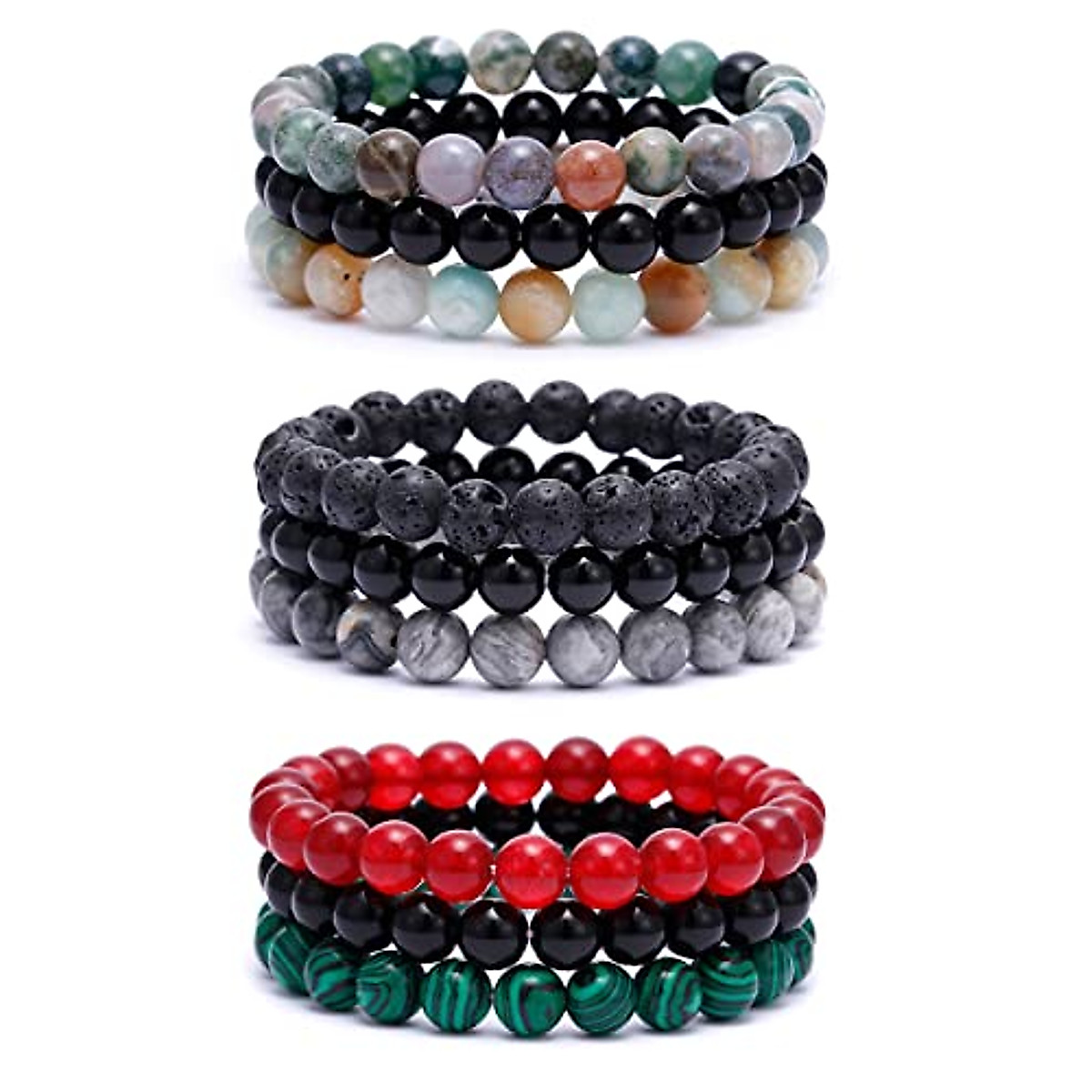 BOMAIL 9Pcs 8mm Natural Stone Beaded Bracelet Set for Men Women Semi-Precious Gemstone Beads Bracelets Matte Lava Rock Volcanic Tiger Eye Stone Yoga Healing Energy Crystal Stretch Bracelets Set