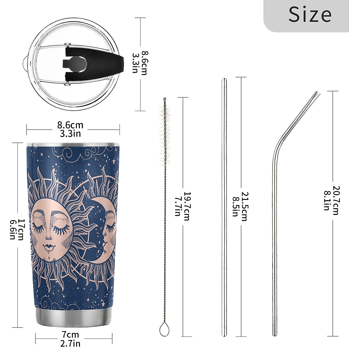 Yasala Tumbler Boho Moon Sun Star Blue Insulated Coffee Cup Beverage Container Travel Mug with Straw and Lid Double Wall Stainless Steel 20oz BPA-Free for Sport, Back to School