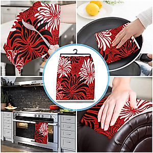 Kitchen Towels Set Black White Chrysanthemums Tea Towel Microfiber Absorbent Washable Flower Petals Red 2 Pack 18x28 Inches Absorbent Soft Cotton Dish Cloths Bar Towels & Tea Towels
