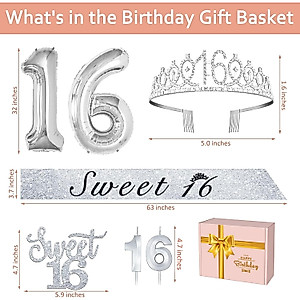 Silver Sweet 16 Birthday Decorations for Girls with 16th Birthday Sash and Tiara, Sweet 16 Cake Topper and Candles, 16 Birthday Balloons, Happy 16th Birthday Gifts for Sweet 16 Birthday Party