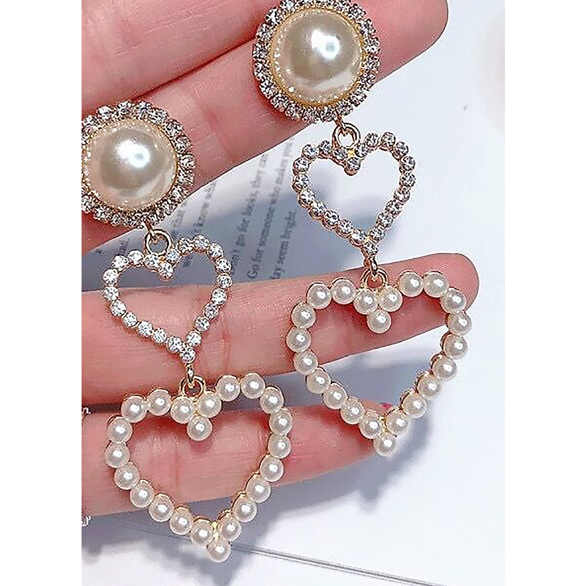 BUAJIUBUA Heart Earrings Drop Pearl Heart Earrings for Women Girls Teens Rhinestone Earrings（Gold Plated）