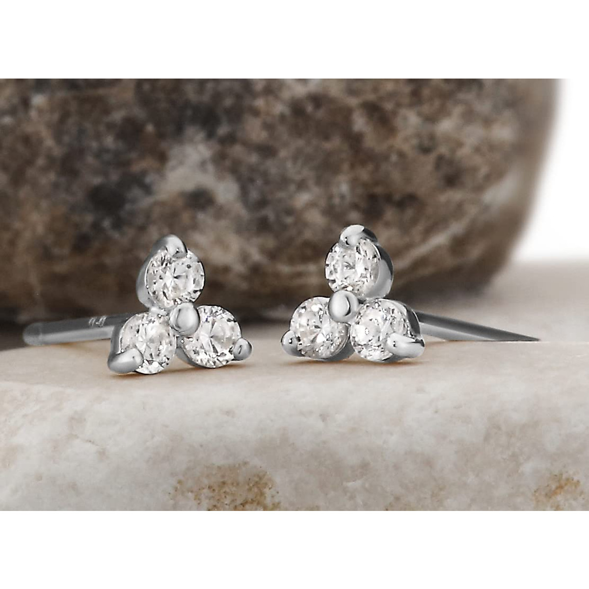 Solid 14k Gold Mini Lotus Cubic Zirconia Studs, Trefoil Trinity Triple Cluster Minimalist Earrings (White Gold)