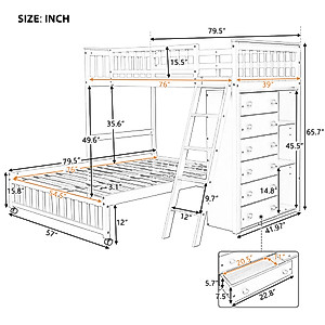 Harper & Bright Designs Twin Over Full Bunk Bed with 6 Storage Drawers and 3 Shelves, Wood Twin Loft Bed with Movable Lower Bed, No Box Spring Needed(Gray, Bottom Bed with Wheels)