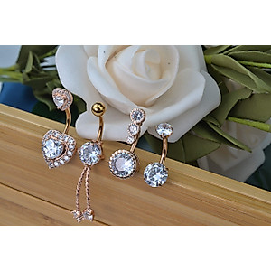 14G Surgical Steel Belly Button Rings Round/Love Heart Clear CZ Navel Curved Barbell Studs Sexy Body Piercing (4PCS - Rose Gold)