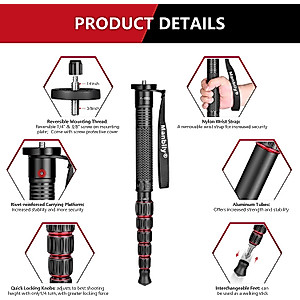 Manbily Camera Monopod Aluminum Portable Compact Lightweight Travel Monopod with Carrying Bag Walking Stick Handle,for DSLR Canon Nikon Sony Video Camcorder,6 Sections up to 61-in (A-555L)