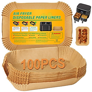 BYKITCHEN Air Fryer Disposable Paper Liner for Ninja Dual Air Fryer, Set of 100, Rectangle Air Fryer Liners Compatible with Double Air Fryer, Ninja DZ201/DZ401, Ninja Dual Air Fryer Accessories