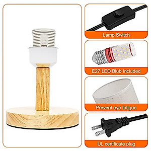 ALOTUS Table Lamp for Bedroom - 12W Bedside Lamps for Nightstand, Solid Wood Night Stand Light Lamp with Round Flaxen Fabric Shade for Living Room, Dorm, Home Office (LED Bulb Included)